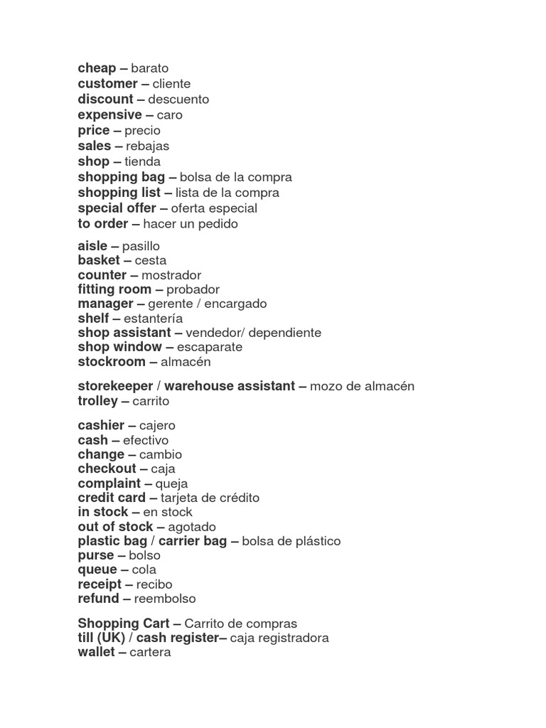 Vocabulario Shopping | PDF | Comercio | Venta al por menor