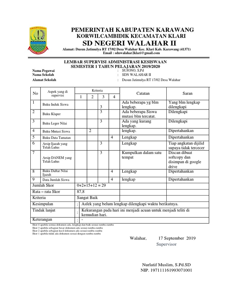 Supervisi Tendik Siklus 1 | PDF