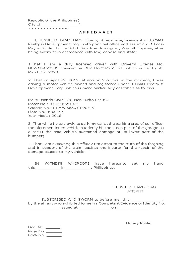 Affidavit of Own Damage 1 | PDF