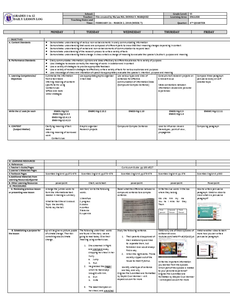 GRADES 1 To 12 Daily Lesson Log: Write The LC Code For Each | PDF ...