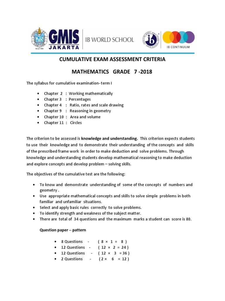 Cumulative Exam Assessment Criteria Mathematics Grade 7 - 2018 | PDF