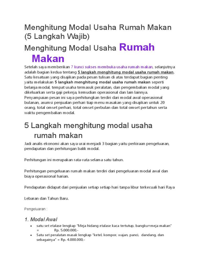 Menghitung Modal Usaha Rumah Makan | PDF