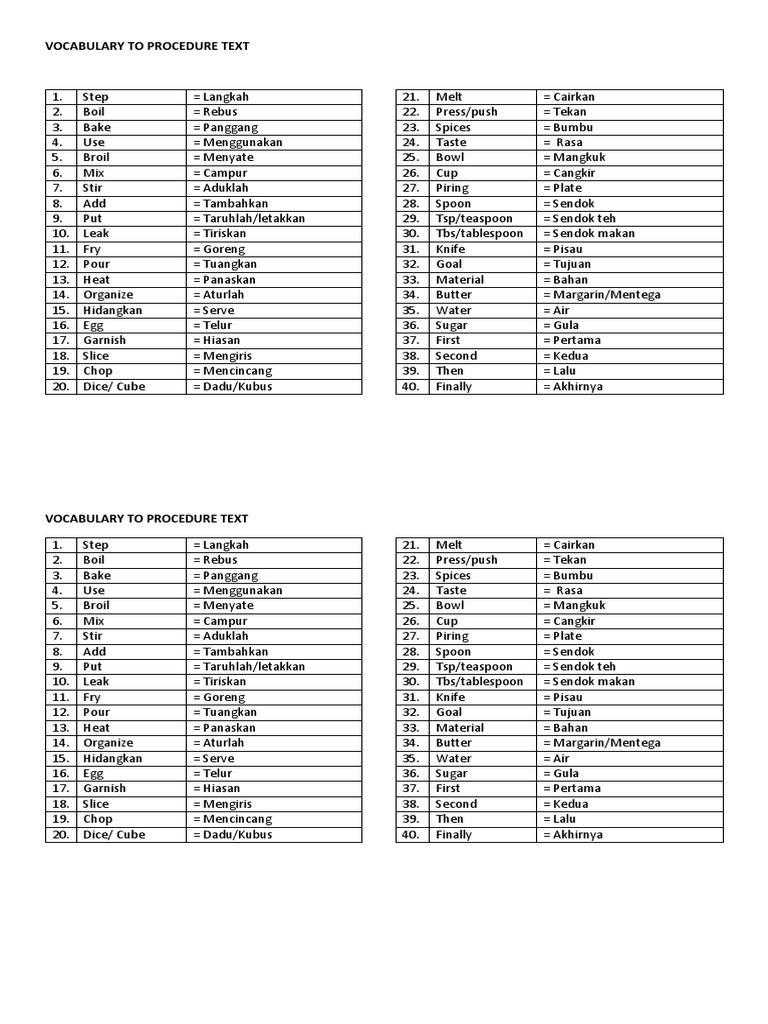 Vocabulary To Procedure Text | PDF | Spoon | Teaspoon