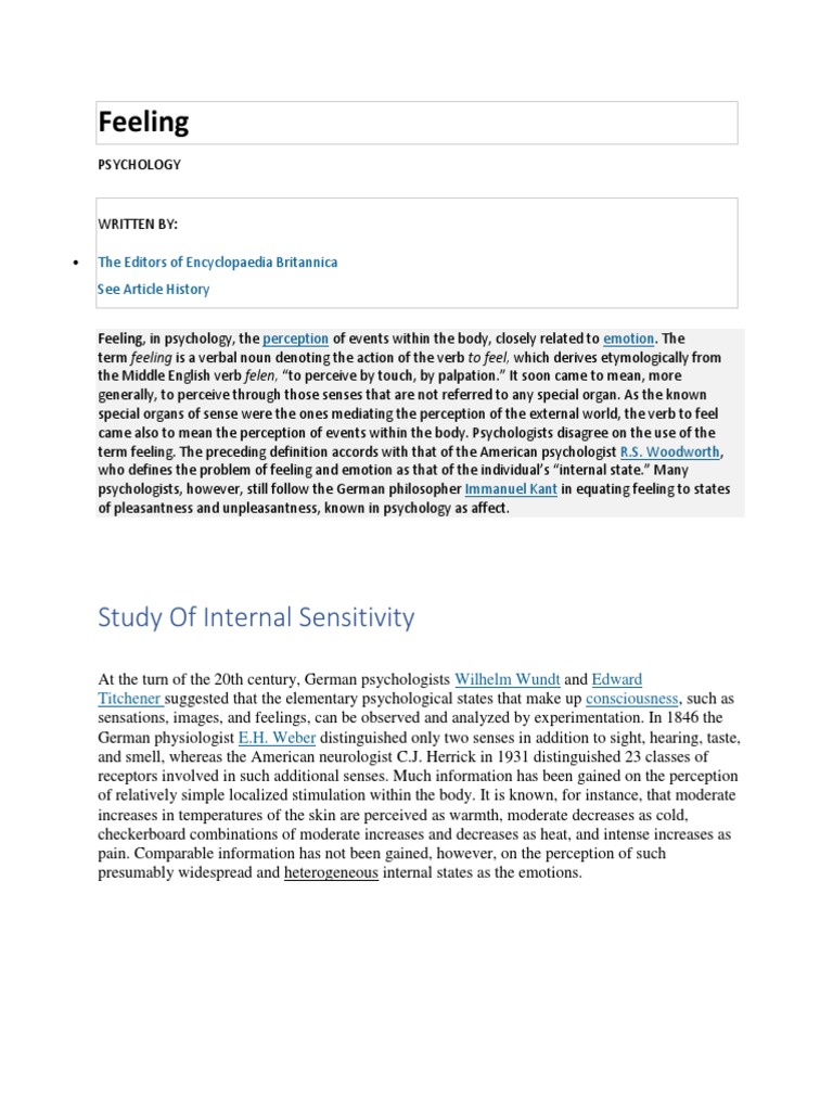 Feeling: Study of Internal Sensitivity | PDF | Perception | Emotions