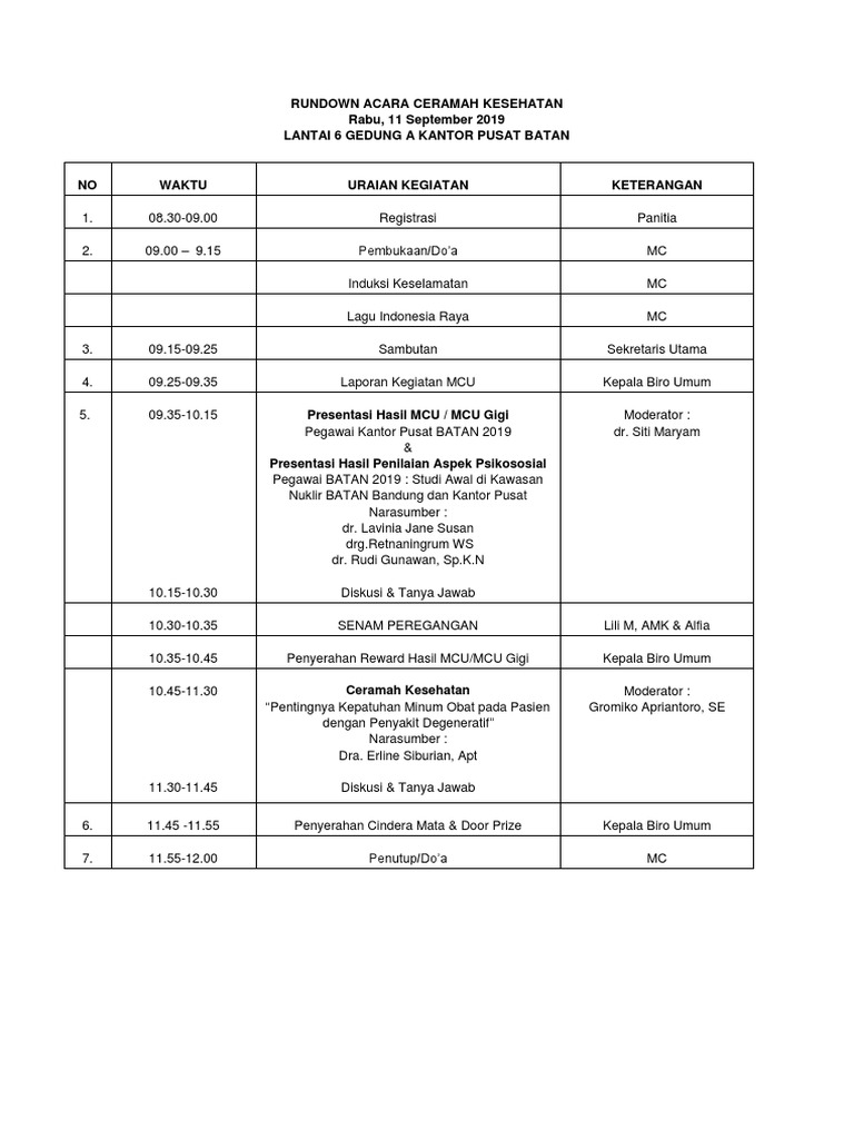 Rundown Acara Ceramah Kesehatan 11 September 2019 | PDF