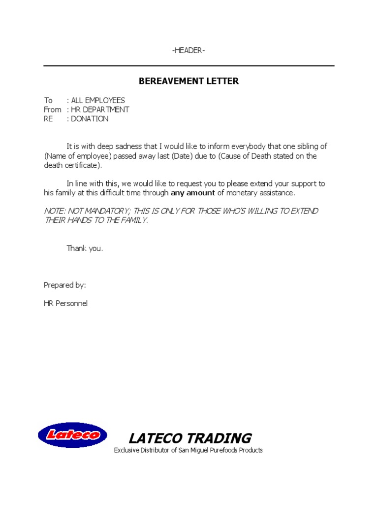 Bereavement Sample | PDF | Sports | Leisure