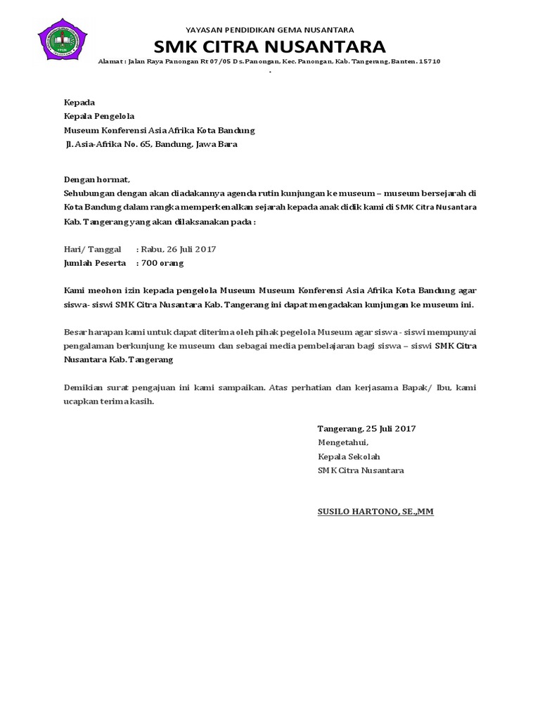 Contoh Surat Permohonan Kunjungan Ke Museum | PDF