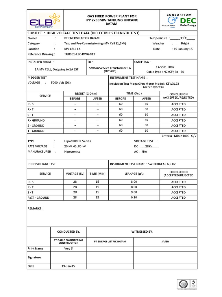 High Voltage Test Data Cabel | PDF | Volt | High Voltage