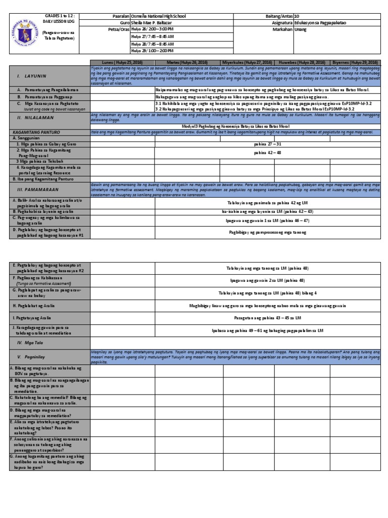 Daily Lesson Log - EsP 10 | PDF
