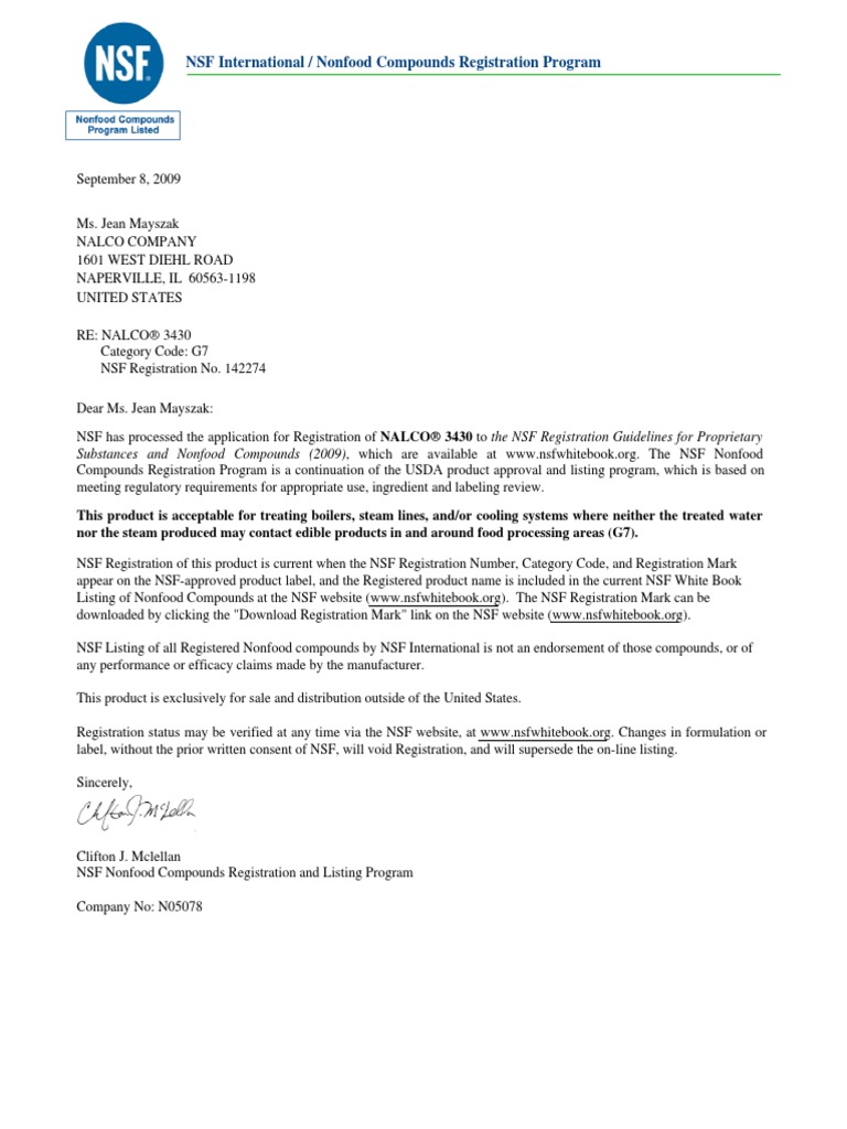 NSF International / Nonfood Compounds Registration Program | PDF