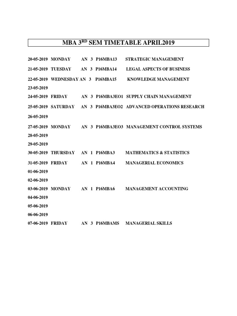 MBA 3rd Sem Exam Schedule May 2019 | PDF