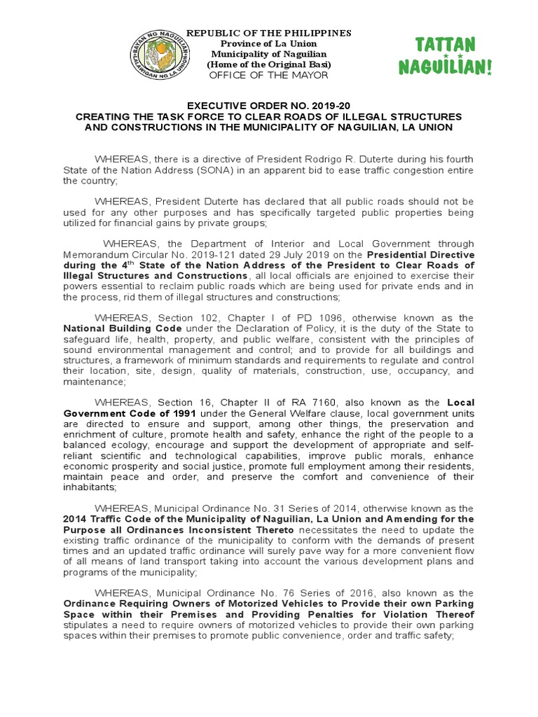 EO 2019-20 Naguilian Task Force To Clear Roads of Illegal Structures ...
