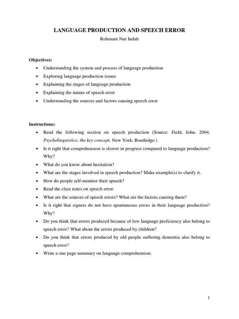 Language Production and Speech Error: Objectives | PDF | Speech | Word