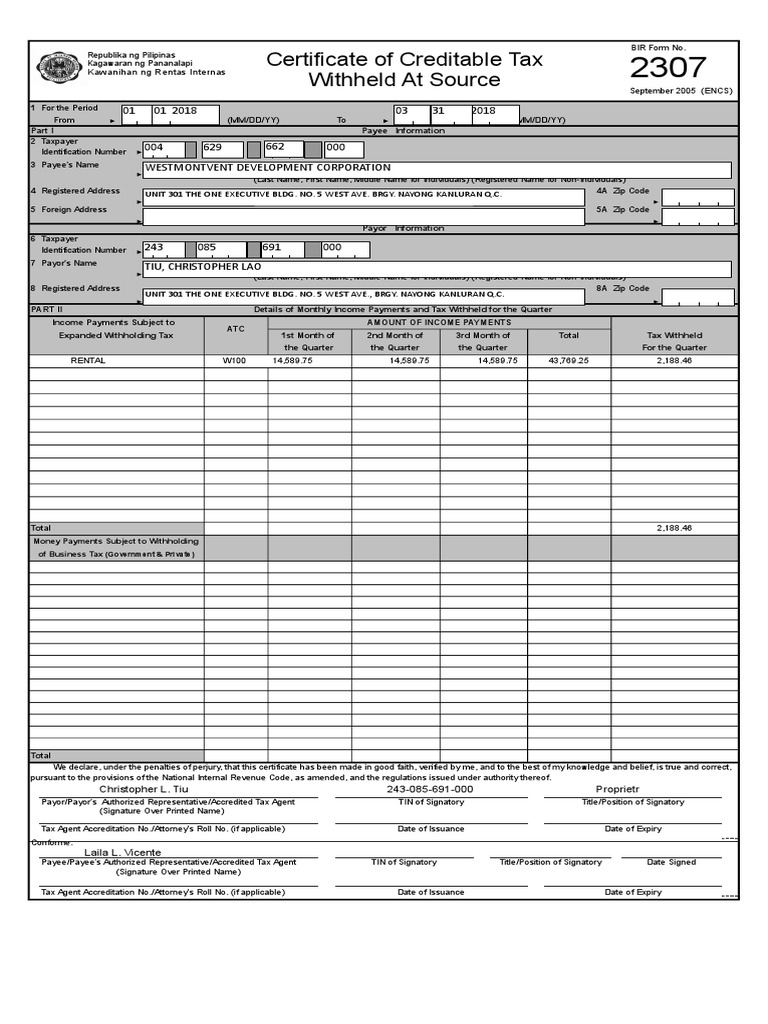 2307 Westmont | PDF | Withholding Tax | Corporate Tax