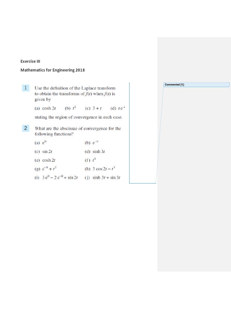 Exercise III Mathematics For Engineering 2018: Commented | PDF