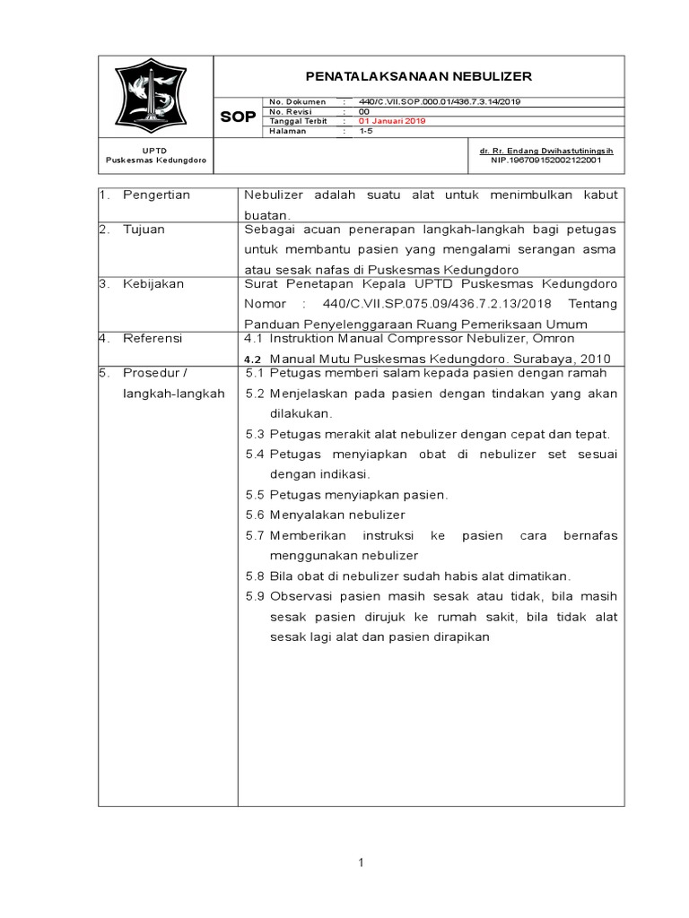 SOP Penatalaksanaan Nebulizer Puskesmas | PDF