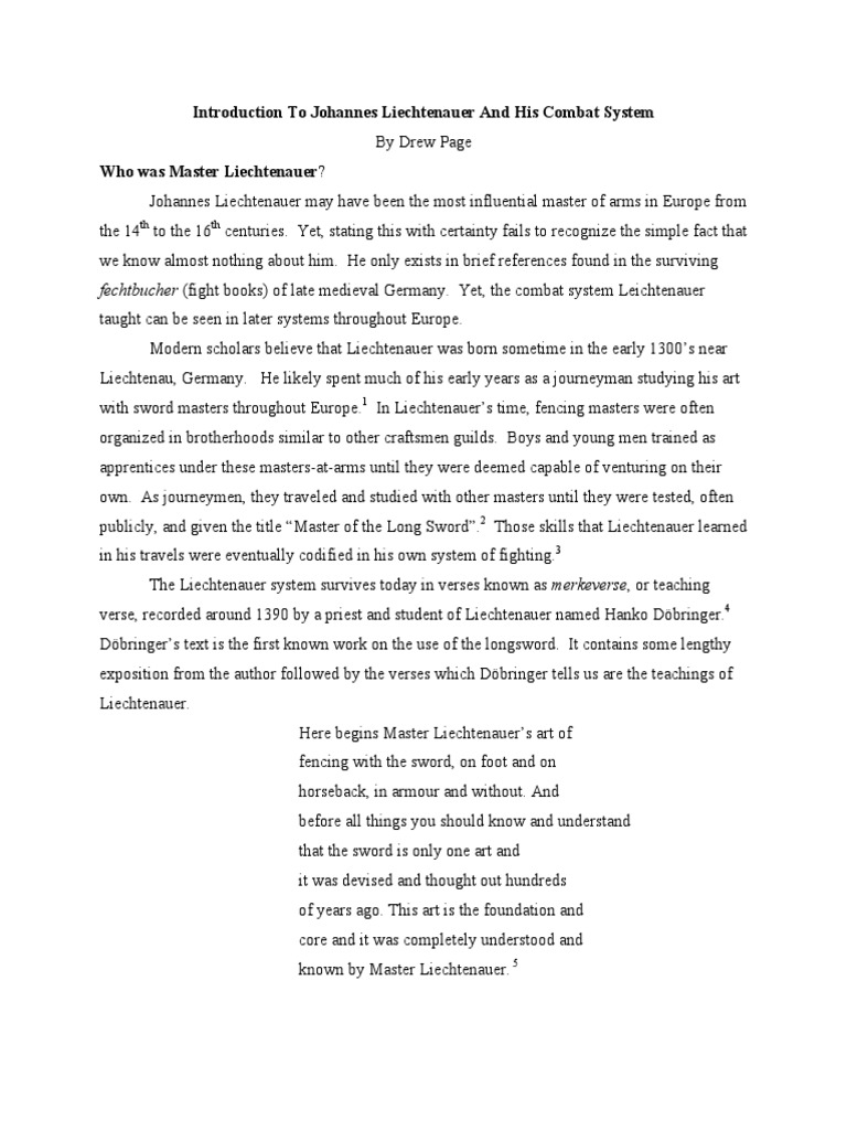 Introduction To Johannes Liechtenauer and His Combat System | PDF ...