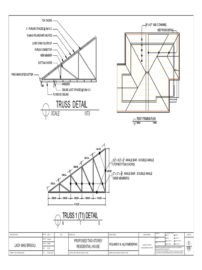 Structural framing plan and truss detail for a proposed two-story ...