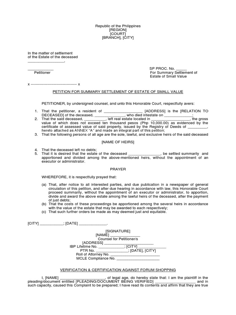 MyLegalWhiz - Petition For Summary Settlement of Estate Rule 74 | PDF ...