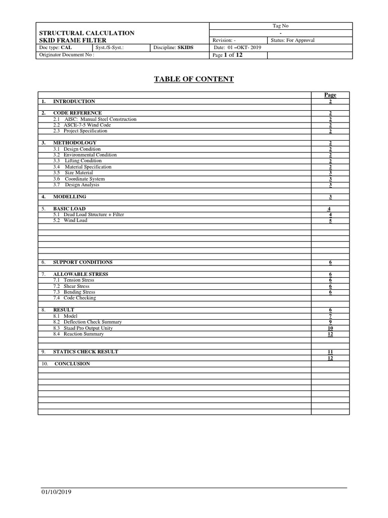 Table of Content: Structural Calculation Skid Frame Filter 1 of 12 ...