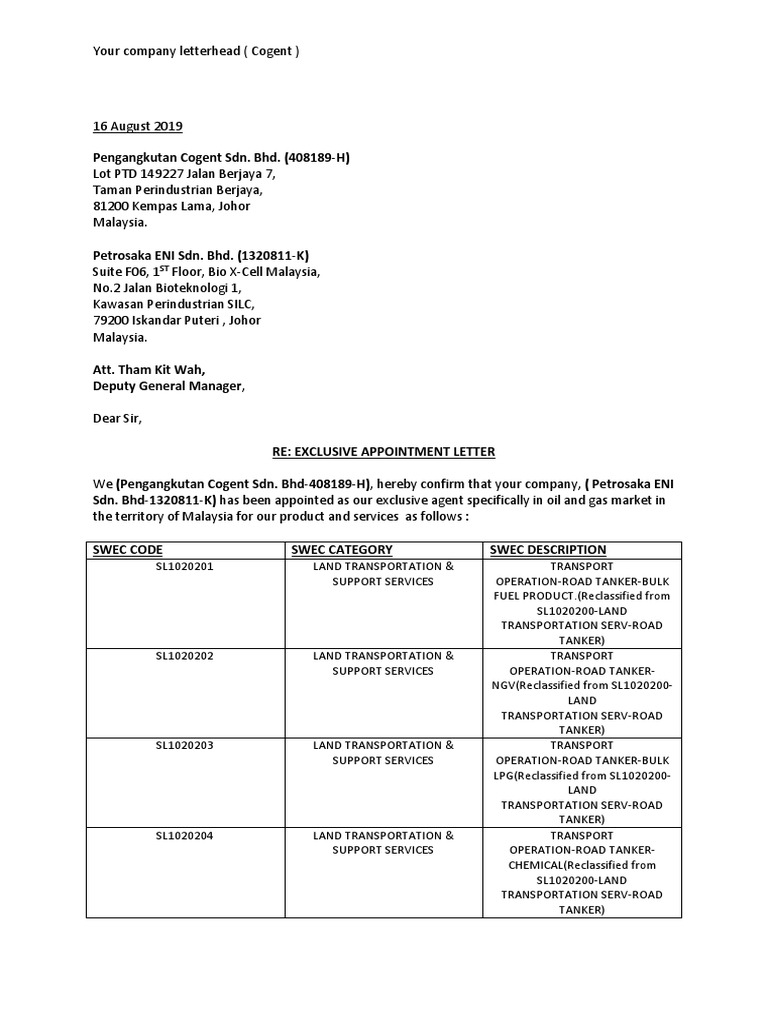 Exclusive Agent Appointment Letter | PDF | Methane | Fuel Production