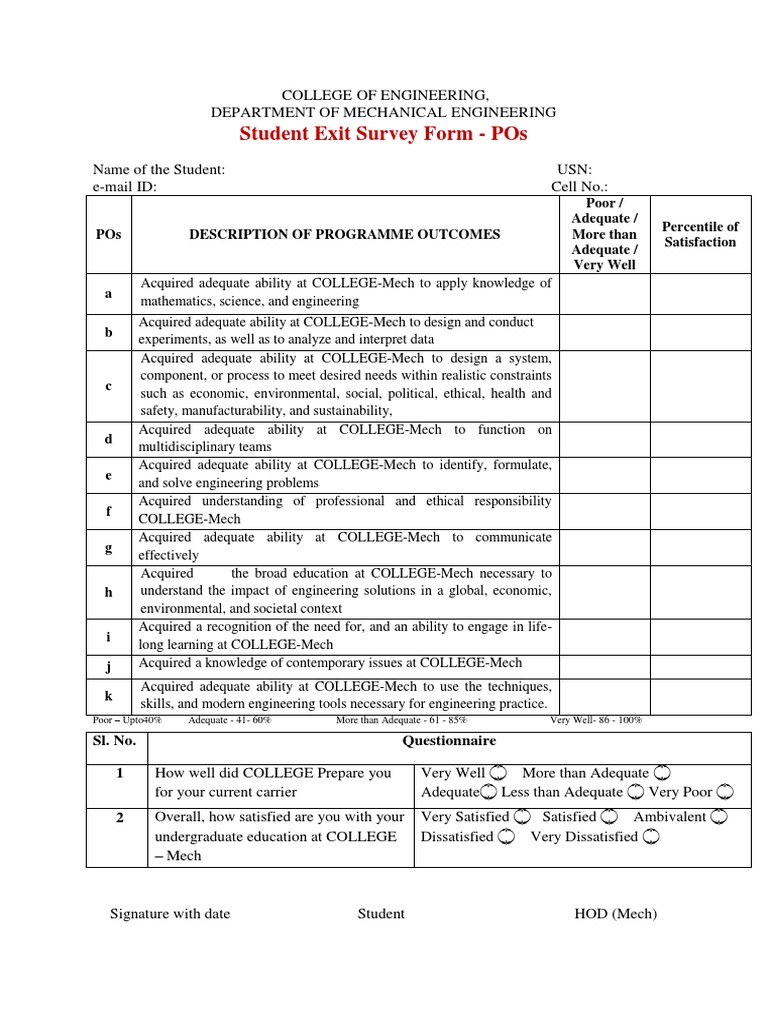 Student Exit Survey Form | PDF | Engineering | Psychology