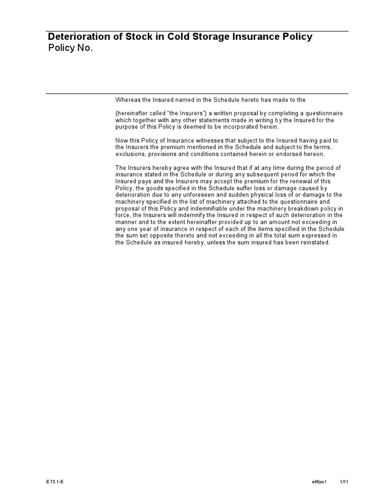 Policy No.: Deterioration of Stock in Cold Storage Insurance Policy ...