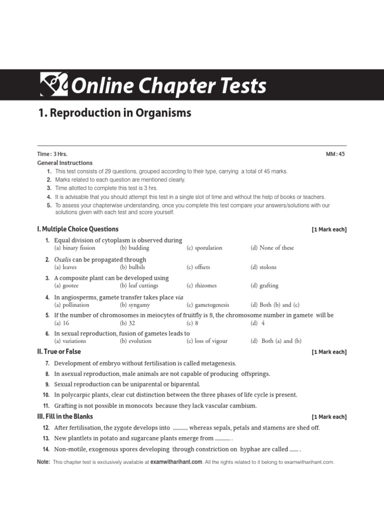 Online Chapter Tests: 1. Reproduction in Organisms | PDF | Reproduction ...
