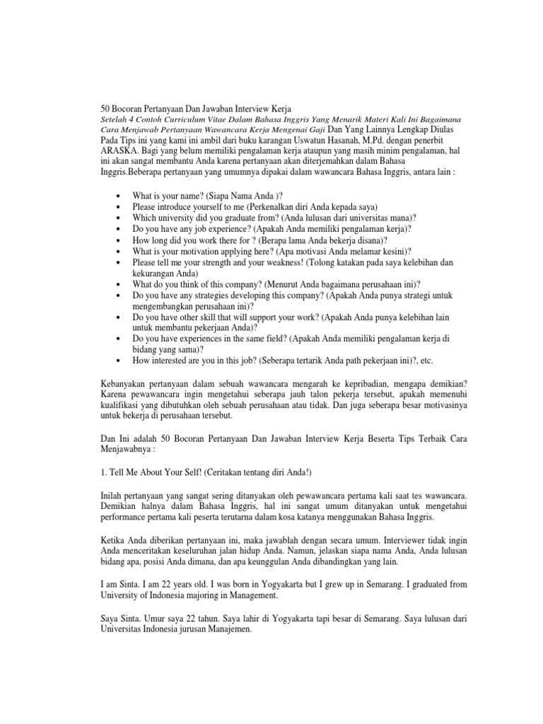 50 Bocoran Pertanyaan Dan Jawaban Interview Kerj1 | PDF