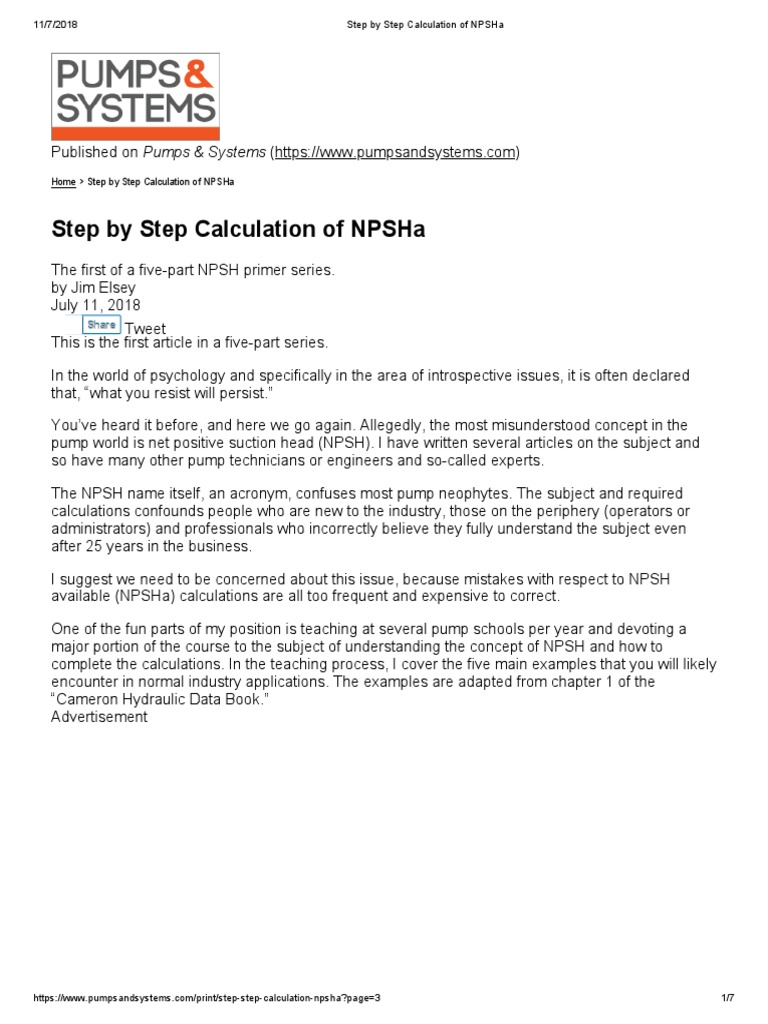 Step by Step Calculation of NPSHa | PDF | Pressure | Pump