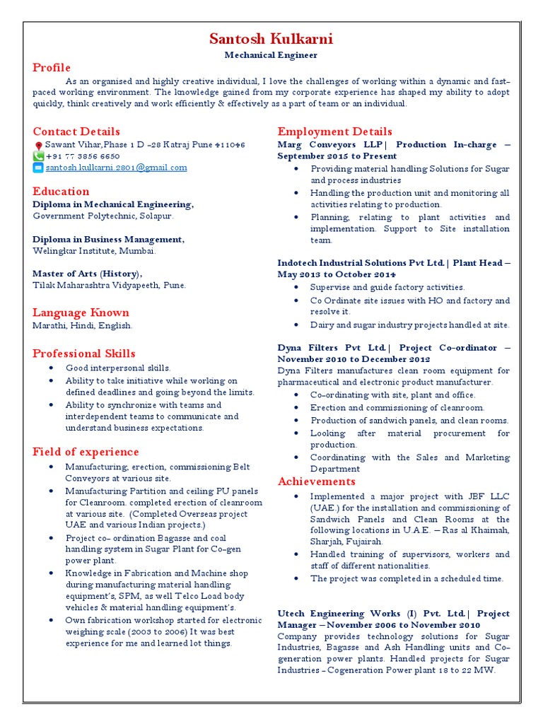 CV Santosh Kulkarni | PDF | Machines | Engineering