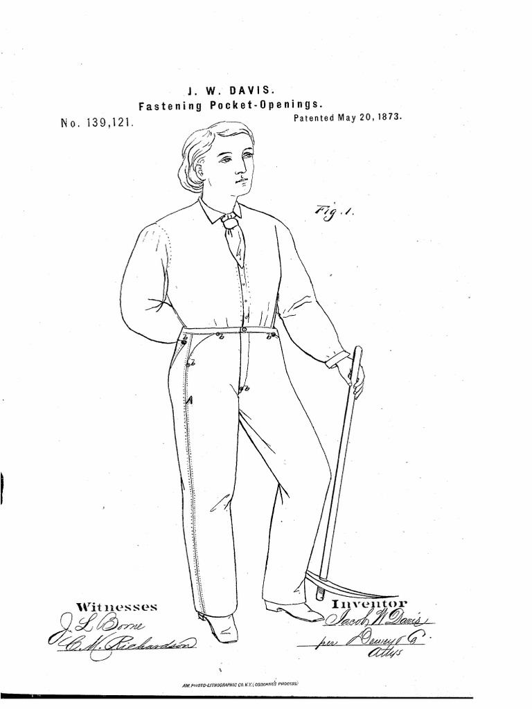 Jacob W. Davis's 1873 patent application for reinforcing pocket ...