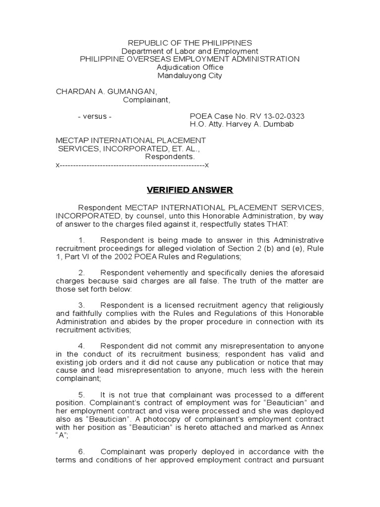Answer To POEA Case | PDF | Affidavit | Burden Of Proof (Law)