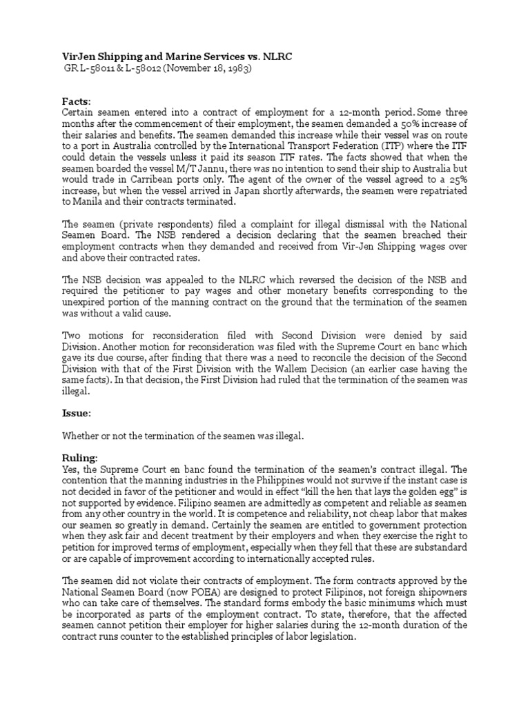 Vir Jen Shipping and Marine Services Vs NLRC 1983 Case Digest | PDF ...