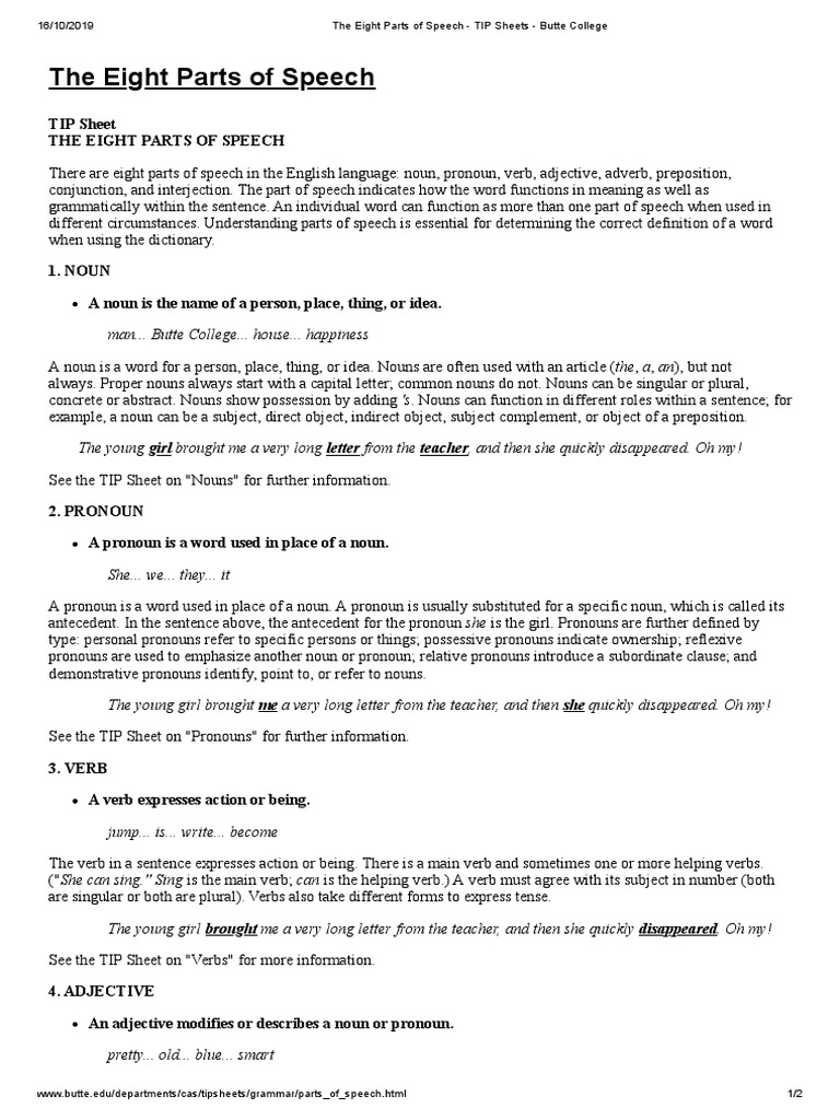 The Eight Parts of Speech - TIP Sheets - Butte College | PDF | Part Of ...