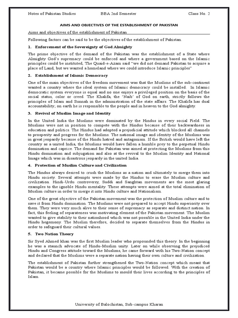 Lecture No. 2 Aims and Objectives of Establishment of Pakistan ...