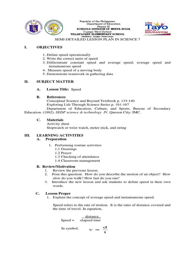 Science 7 Lesson Plan: Understanding Speed | PDF | Speed | Physical ...
