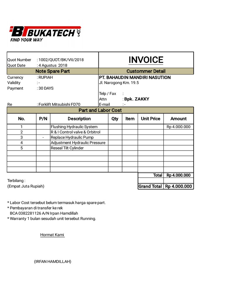 Invoice for Mitsubishi Forklift Service | PDF