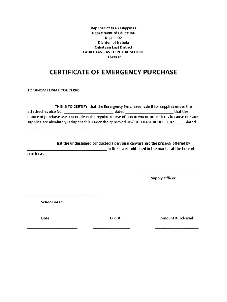 Certificate of Emergency Purchase: Cabatuan East Central School | PDF