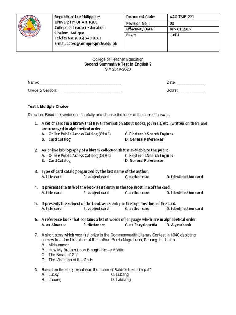 Second Summative Test in English 7 | Download Free PDF | Books
