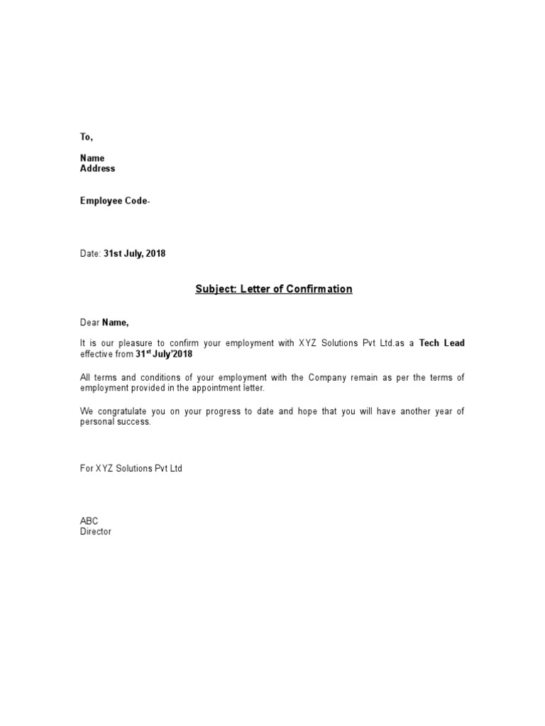 To, Name Address: Subject: Letter of Confirmation | PDF