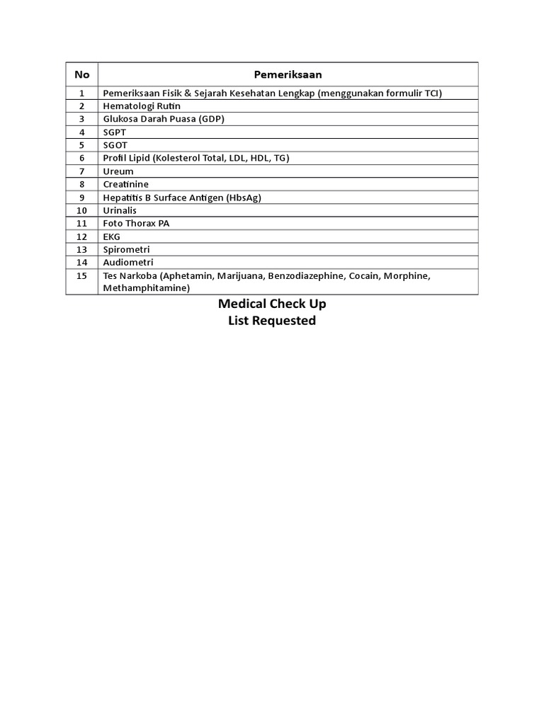 No Pemeriksaan: Medical Check Up List Requested | PDF