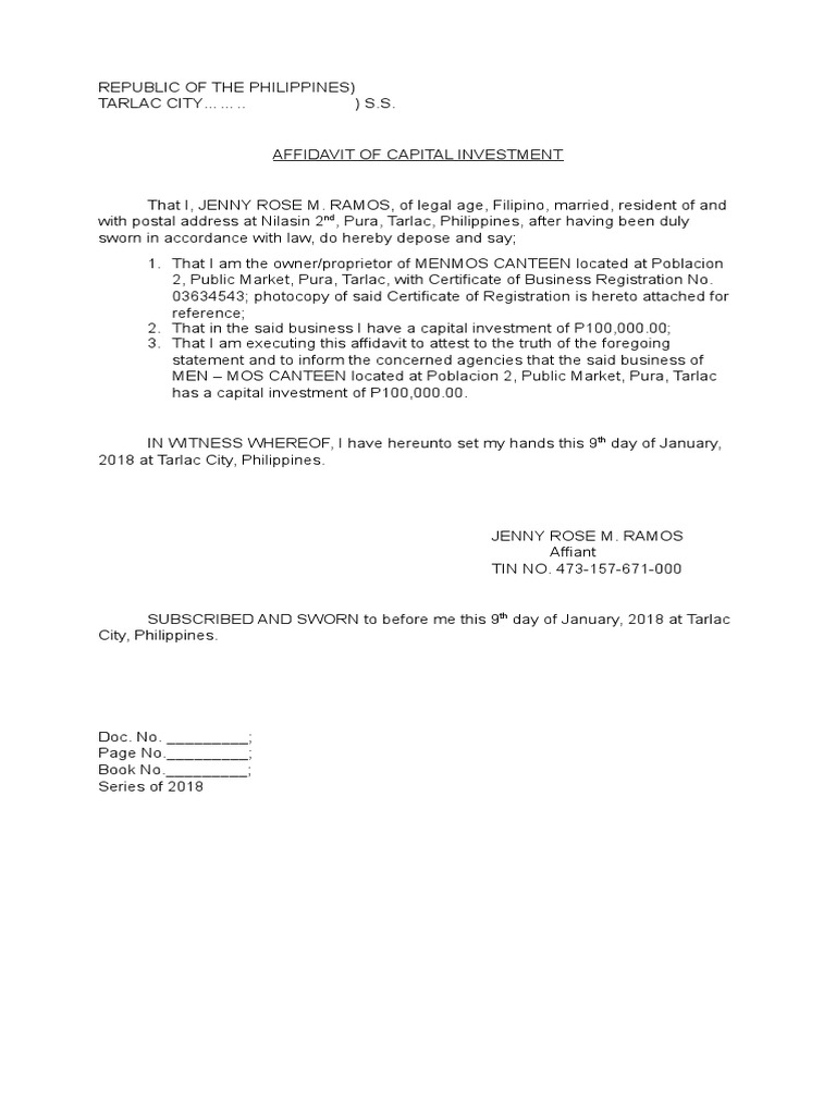 Affidavit of Capital Investment Sample | PDF