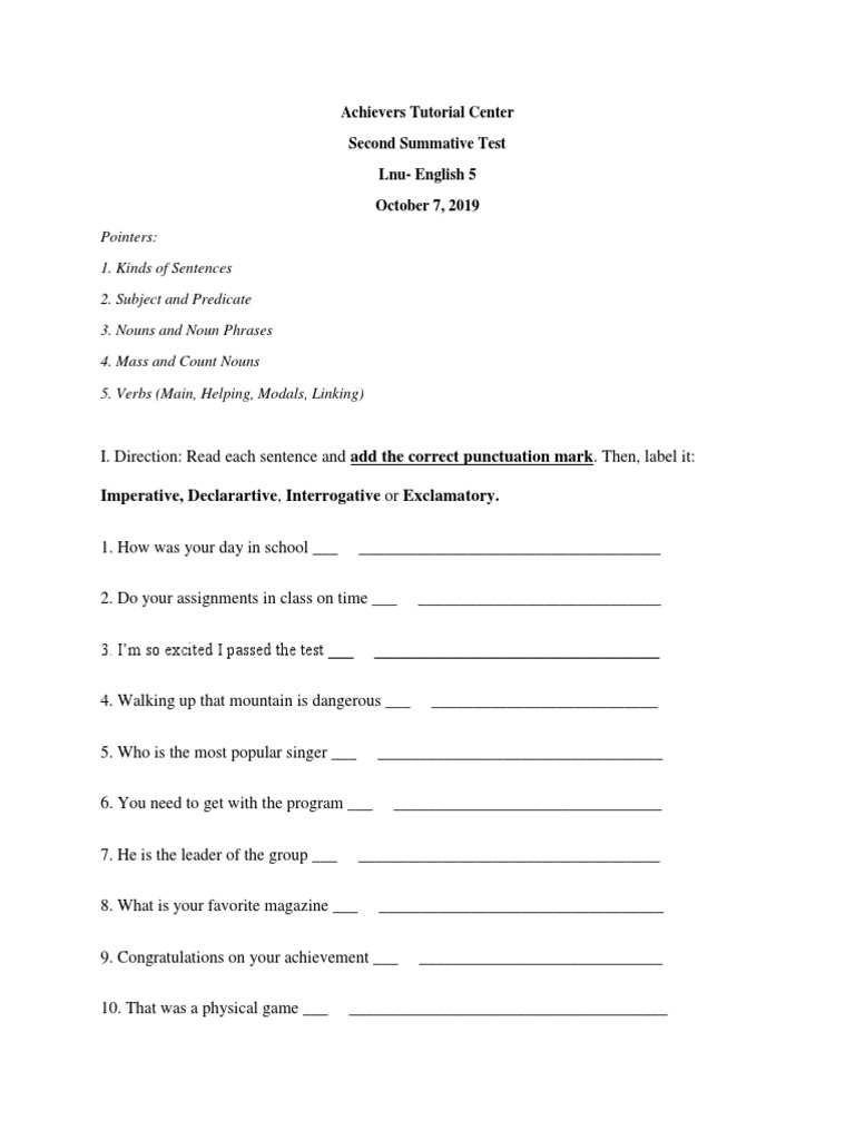 Pointers: 1. Kinds of Sentences 2. Subject and Predicate 3. Nouns and Noun Phrases 4. Mass and ...