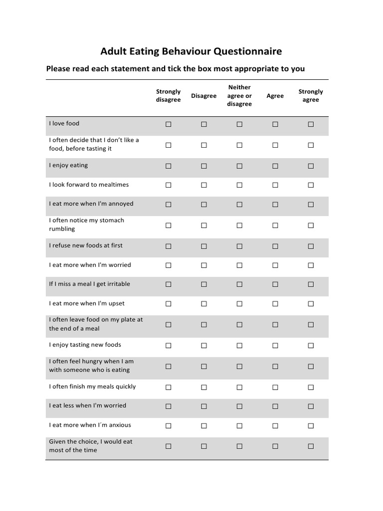 Adult Eating Behaviour Questionnaire: Please Read Each Statement and ...