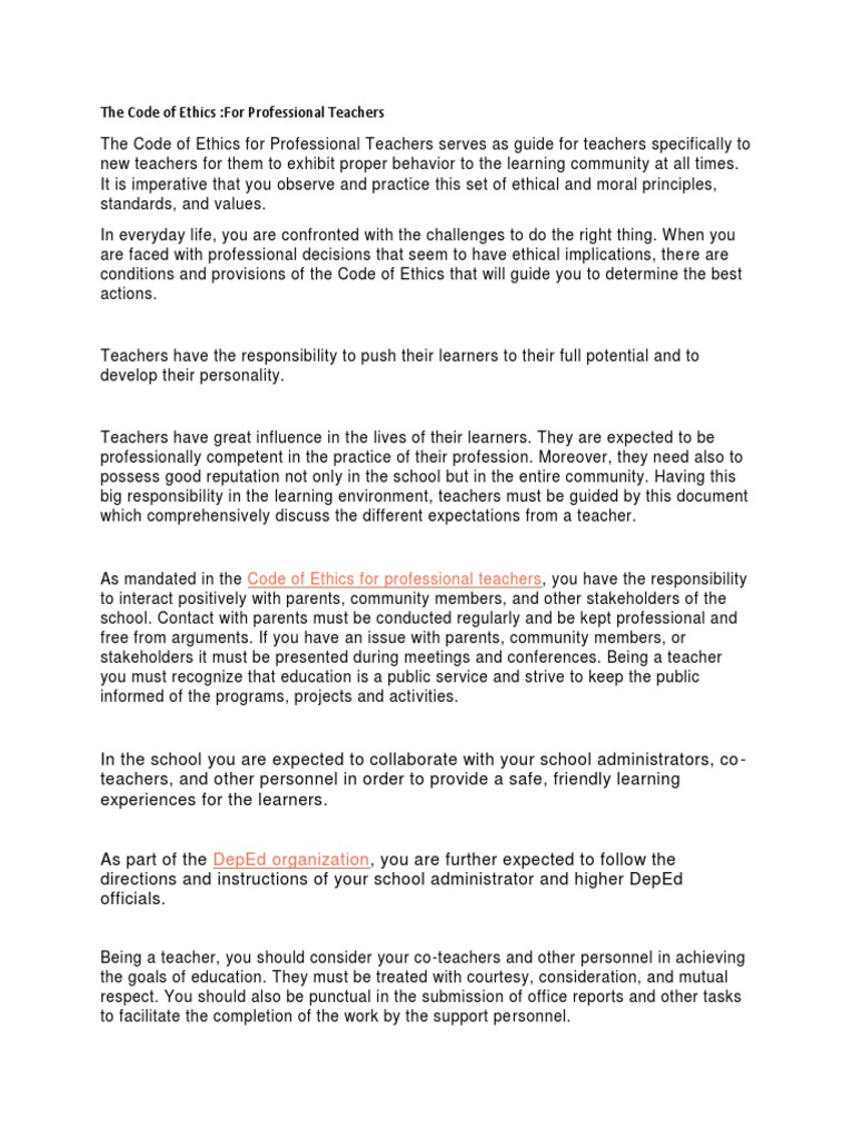 Code of Ethics For Professional Teachers | PDF | Teachers | Value (Ethics)