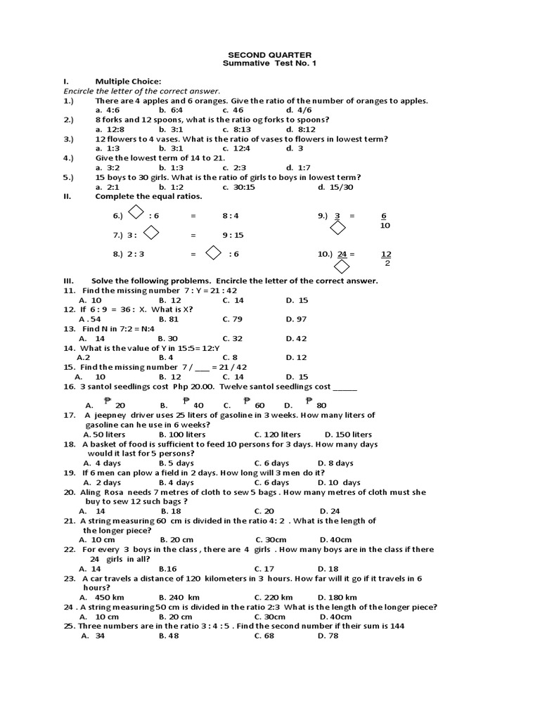 2nd Quarter Ratio Summative-Test | PDF | Teaching Mathematics