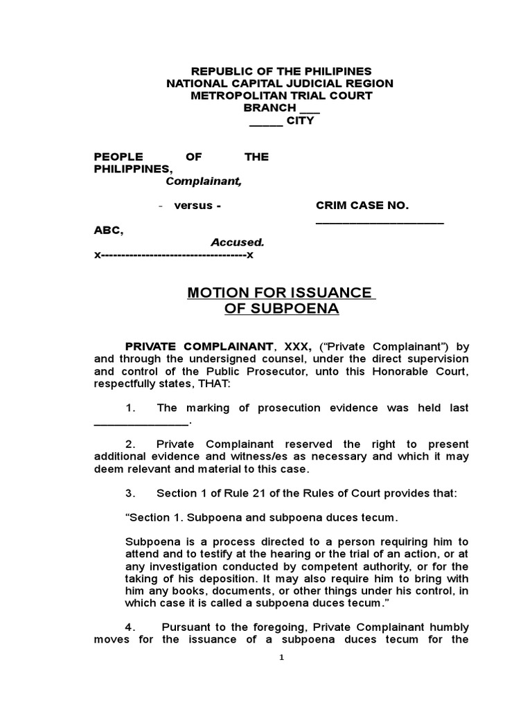 Motion For Issuance of Subpoena | PDF | Subpoena Duces Tecum | Prosecutor