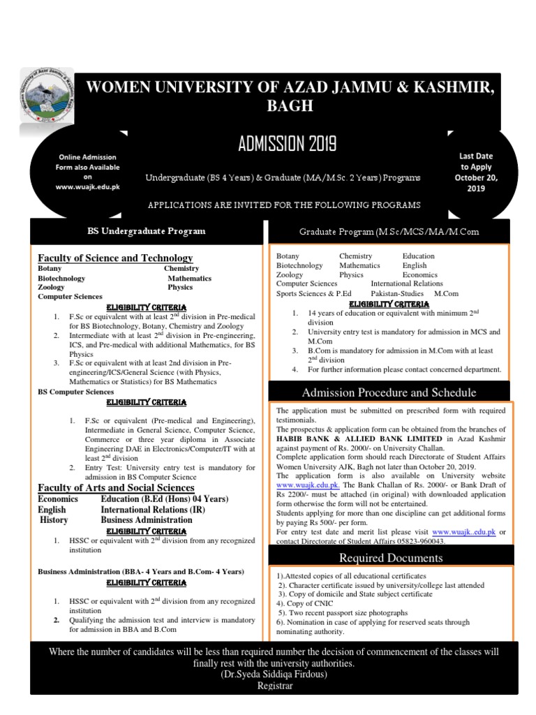 Admission 2019: Women University of Azad Jammu & Kashmir, Bagh | PDF ...