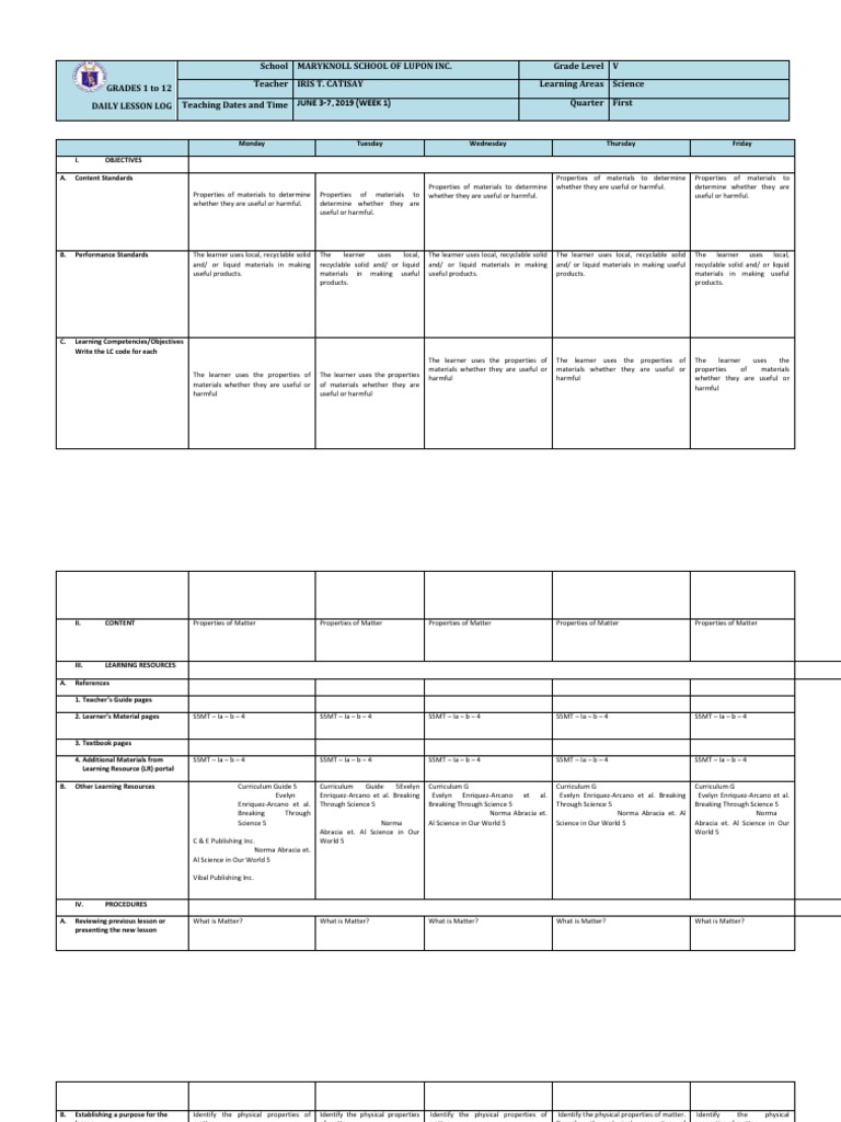 Science 5 q1 w1 DLL | PDF | Ductility | Hardness